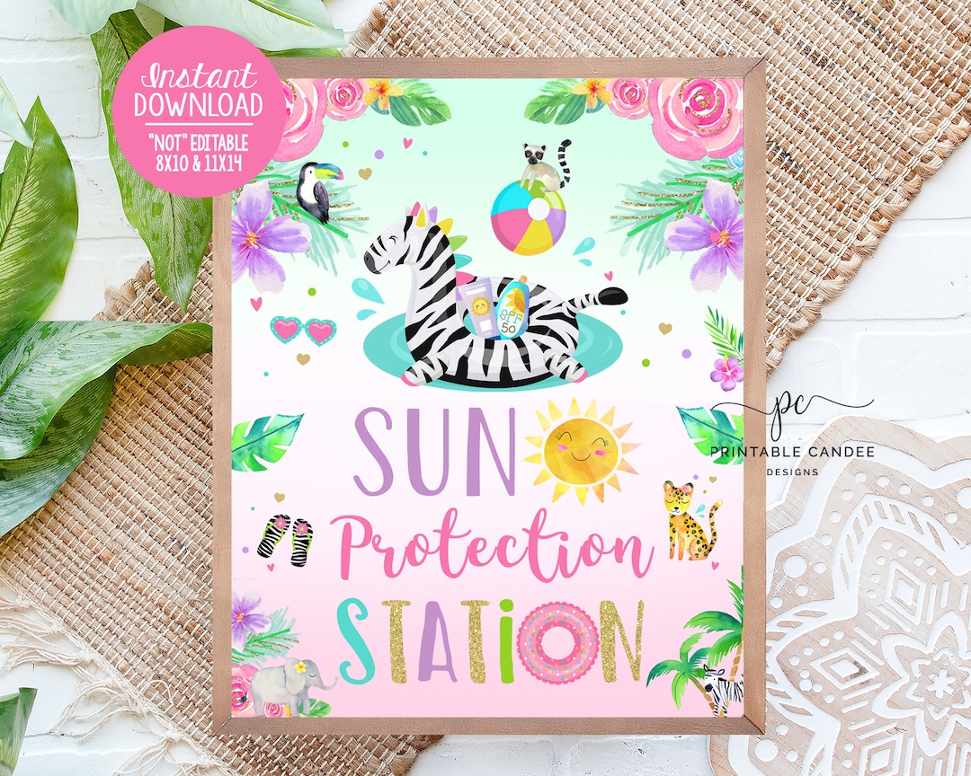 Jungle Pool Party Sun Protection Station Sign Girl Birthday Tropical ...
