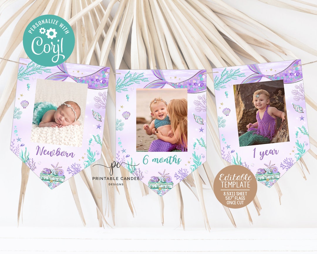 Editable Mermaid Monthly Photos Flag Banner Purple Teal Gold Birthday ...