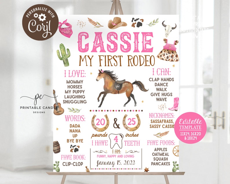 Editable Cowgirl Milestone Sign 1st Rodeo Birthday Party Theme Wild ...