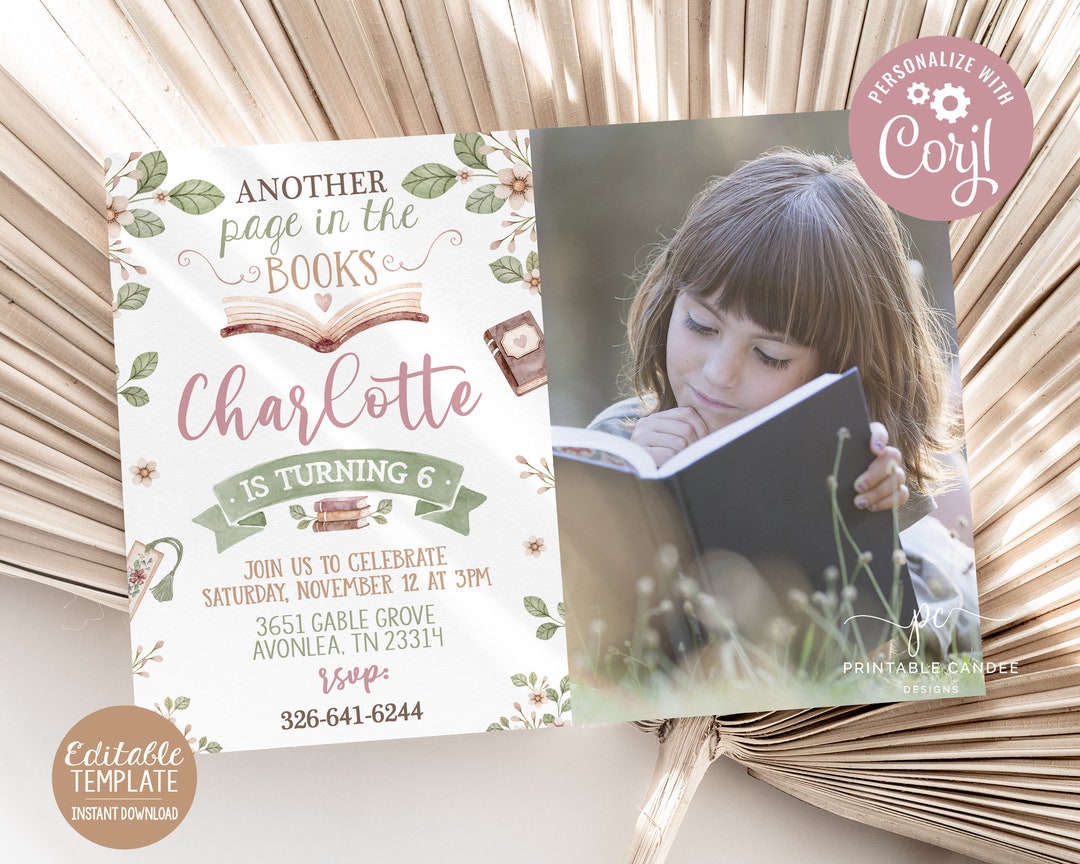 Editable Book Birthday Invitation Girl Library Themed Invite - Etsy