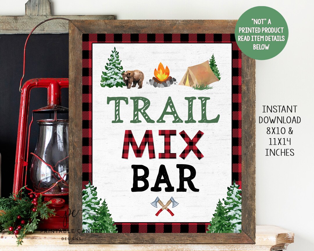 Trail Mix Bar Sign Camping Party Decor Lumberjack One Happy Camper ...
