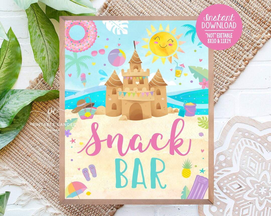 Beach Party Snack Sign Girl Birthday Summer Beach Theme Food Table Sign ...