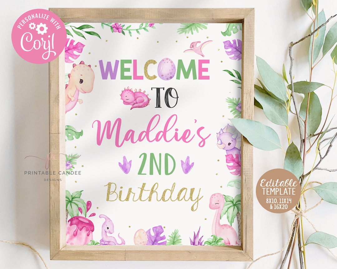 Editable Dinosaur Welcome Sign Girl Dino Birthday Party Theme Door Sign ...