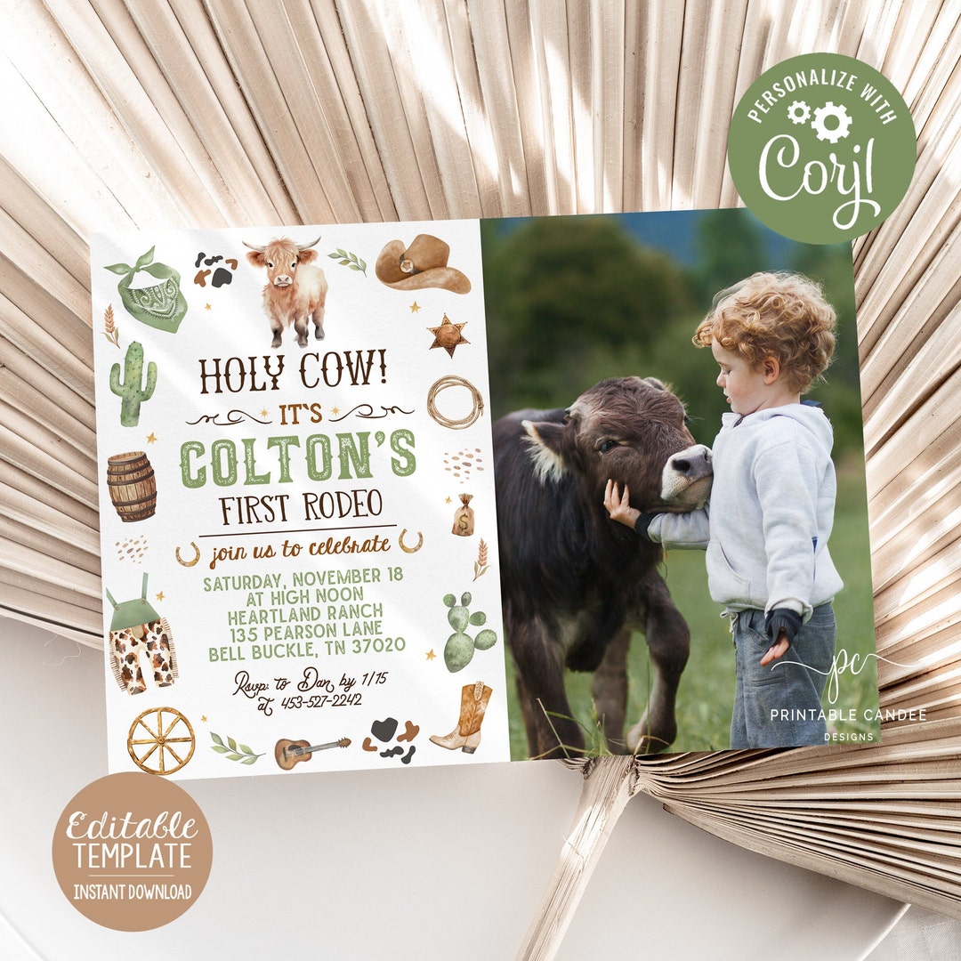 Editable Cowboy Birthday Invitation 1st Rodeo Party Photo Invite ...