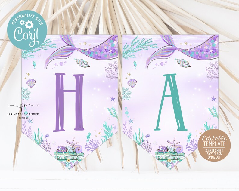 Mermaid Party Flags Template Purple Teal Gold Party Theme Mermaids ...