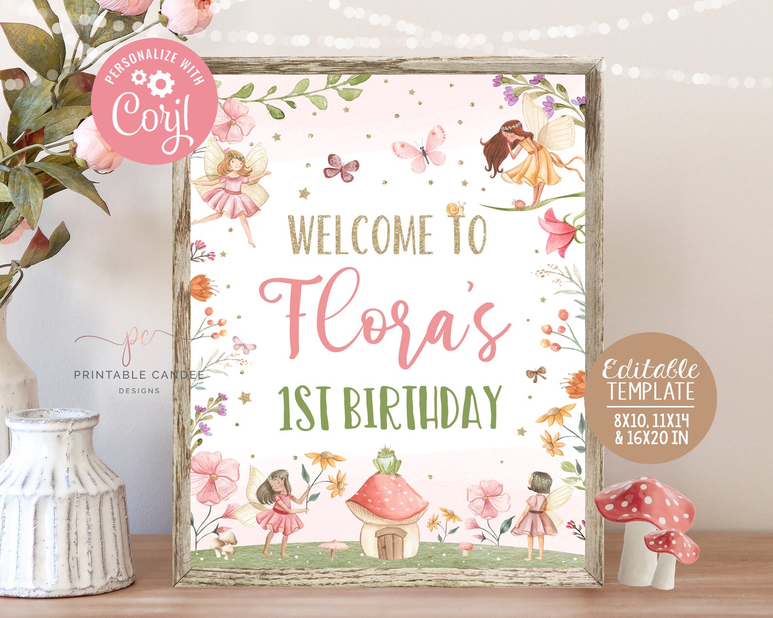 Editable Fairy Welcome Sign Fairies Birthday Party Girl Pink Floral ...