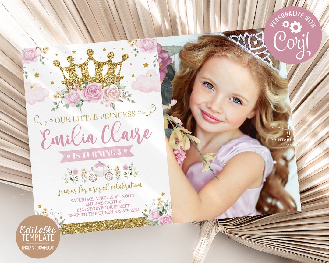 Princess Birthday Invitation Editable Crown Invite Template Blush Gold ...