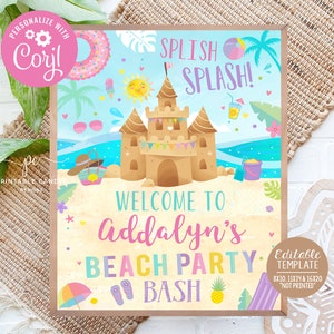 Editable Beach Party Welcome Sign Girl Birthday Summer Beach Bash Ocean ...
