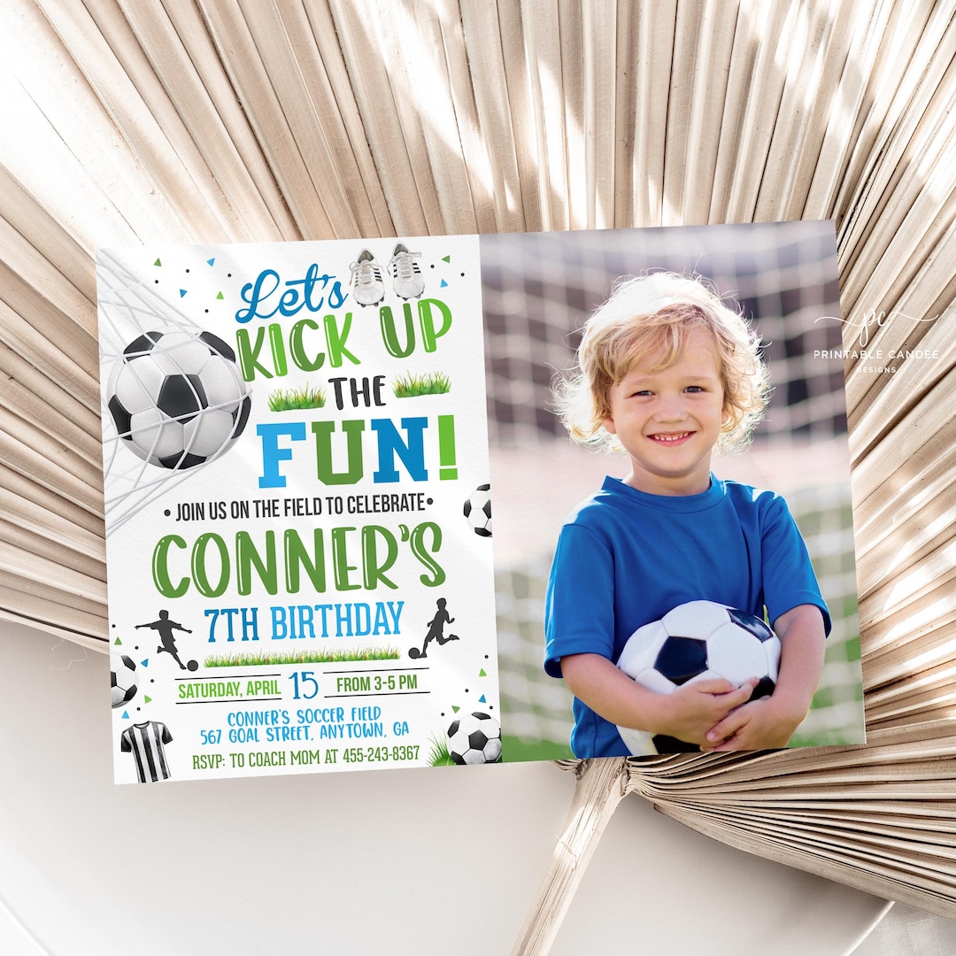 Editable Soccer Birthday Invitation Football Invite Blue Green Sports ...