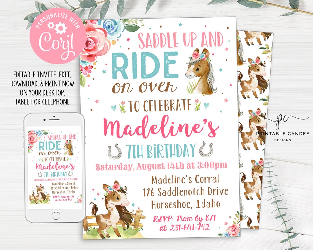 Girl Horse Birthday Invitation Party Invite Floral Pink Teal Pony Theme ...