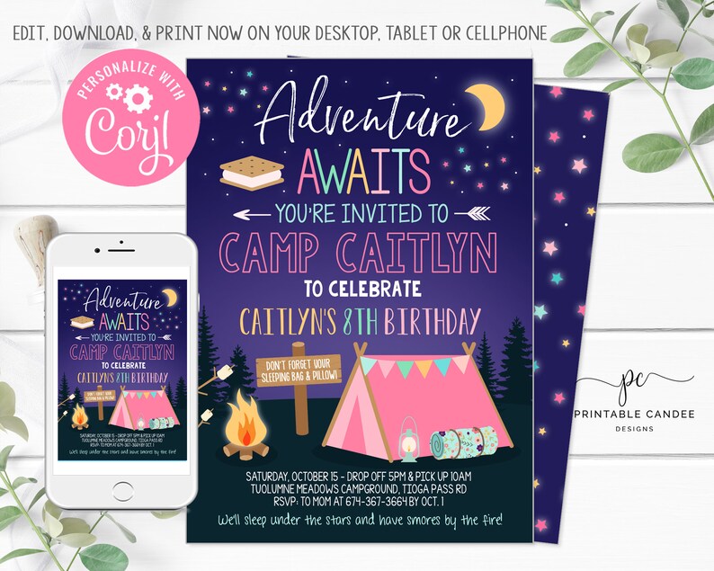 Girl Camping Invitation Editable Birthday Invite Sleepover - Etsy
