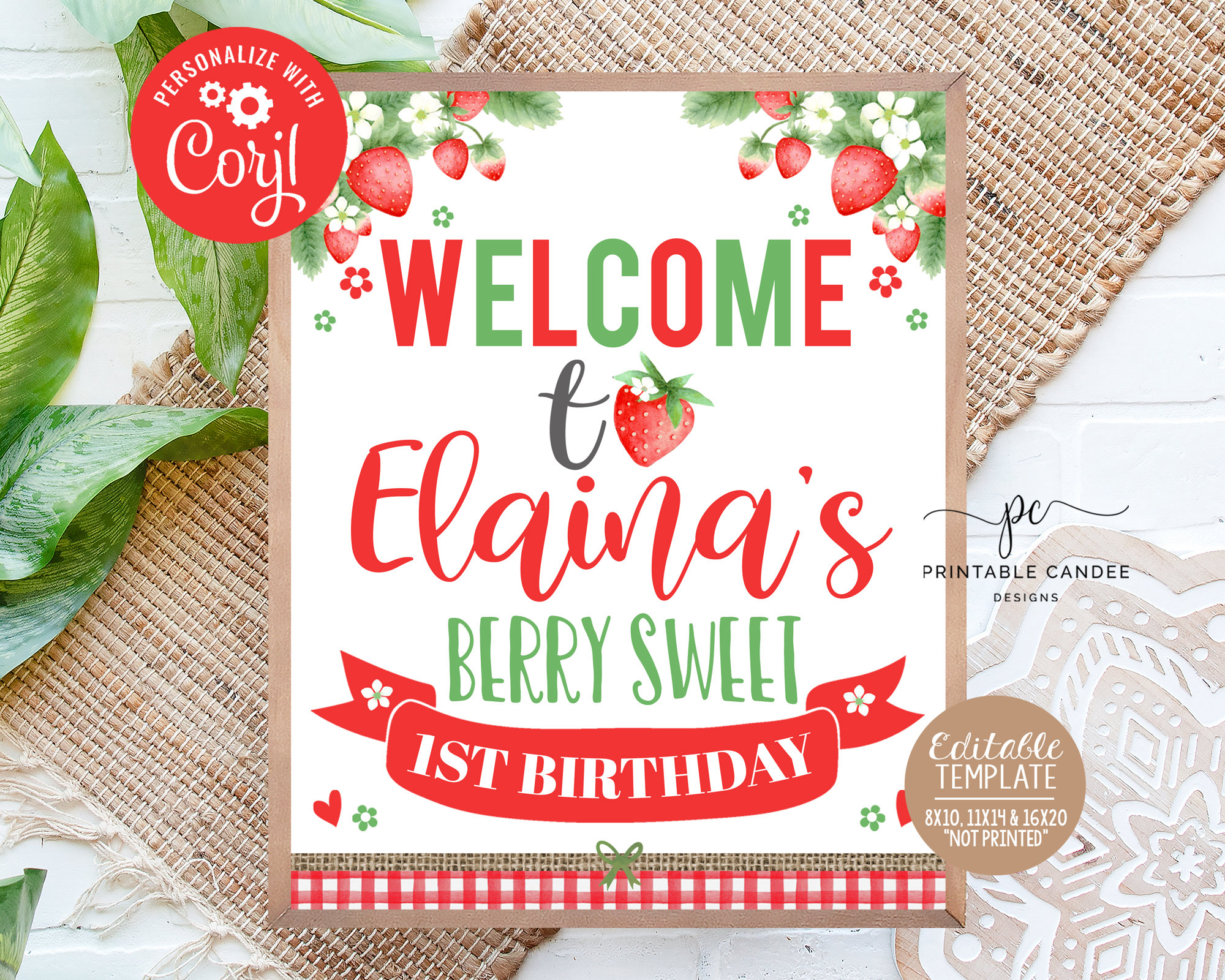 Strawberry Welcome Sign Strawberries Birthday Party Template Girl ...