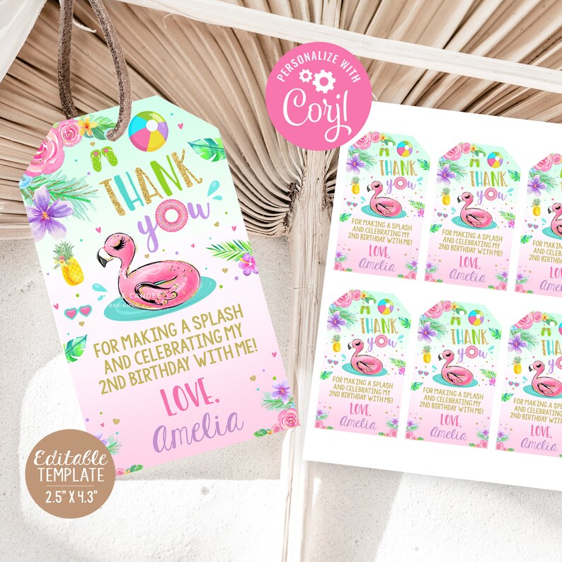Flamingo Pool Party Favor Tags Editable Girl Birthday Tropical Summer ...