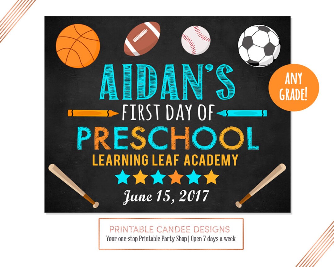 First Day of Preschool Sign 1st Day of Kindergarten Boy Sports Back to ...