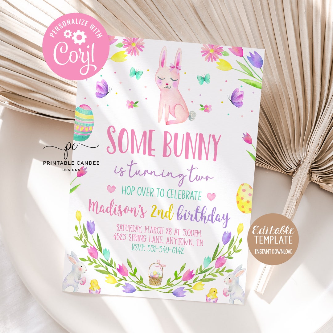 Editable Easter Birthday Invitation Adorable Pink Bunny Birthday Invite ...