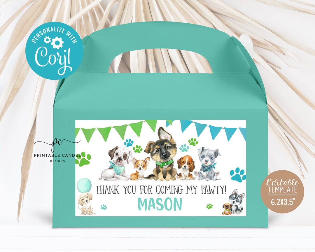 Editable Boy Puppy Carrier Label for Gable Box Dog Birthday Party Blue ...