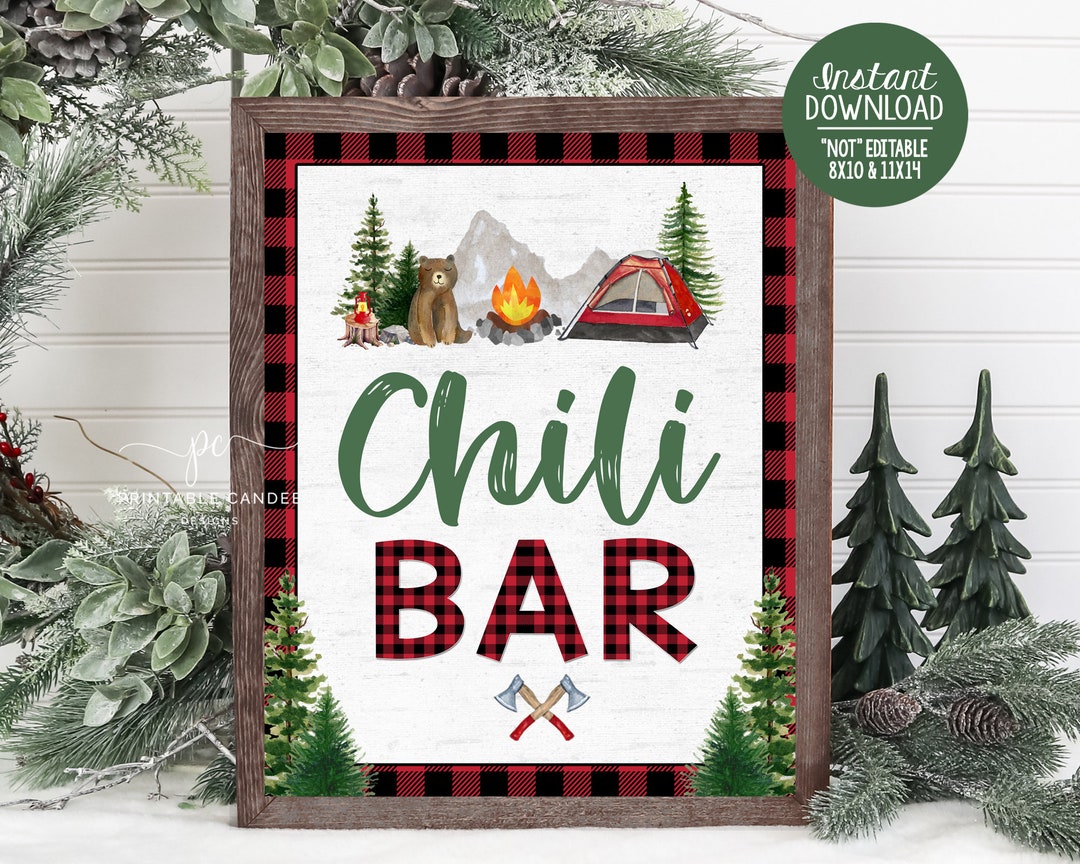 Chili Bar Sign Camping Party Decor Lumberjack Red One Happy Camper ...