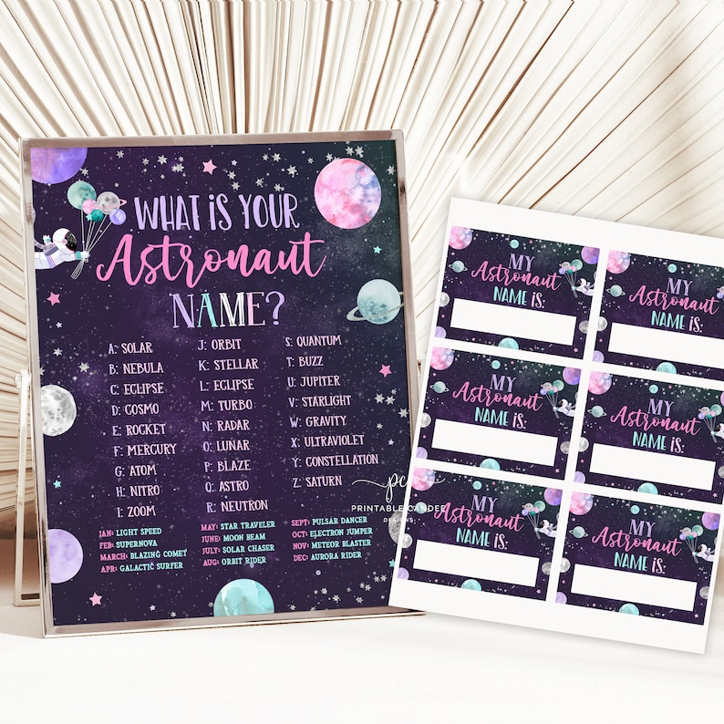 Girl Space Name Game Sign Outer Space Birthday Party Activity Galaxy ...