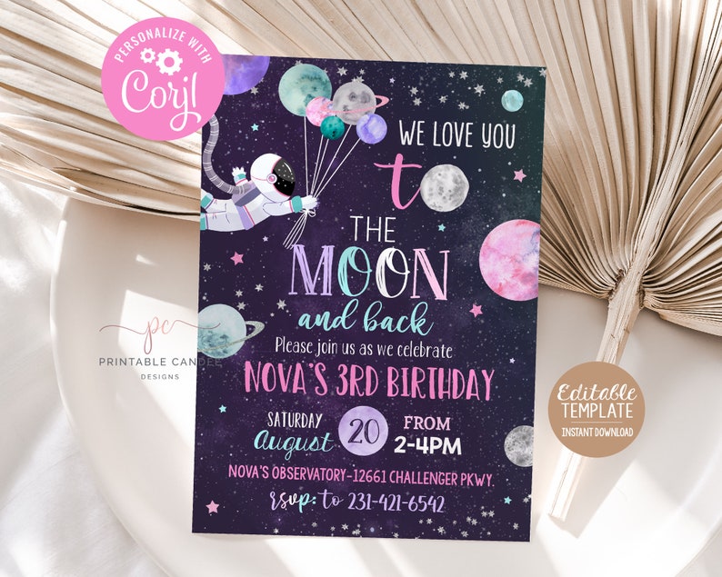 Editable to the Moon Birthday Invitation Girl Pink Space Invite Galaxy ...
