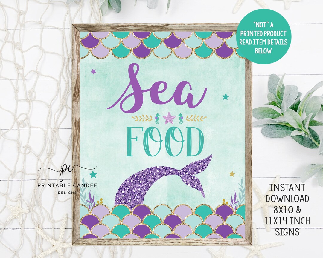 Mermaid Food Sign Purple Teal Gold Birthday Party Theme Seafood Table ...