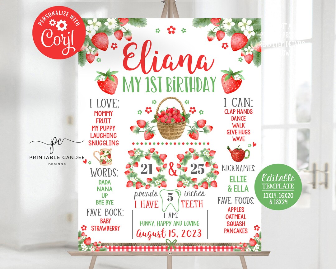 Editable Strawberry Milestone Sign Strawberries 1st Birthday Party ...