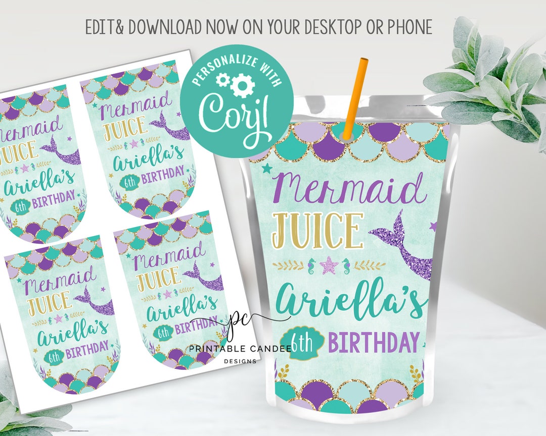 Mermaid Juice Pouch Labels Purple Teal Gold Party Theme Mermaids Drinks ...