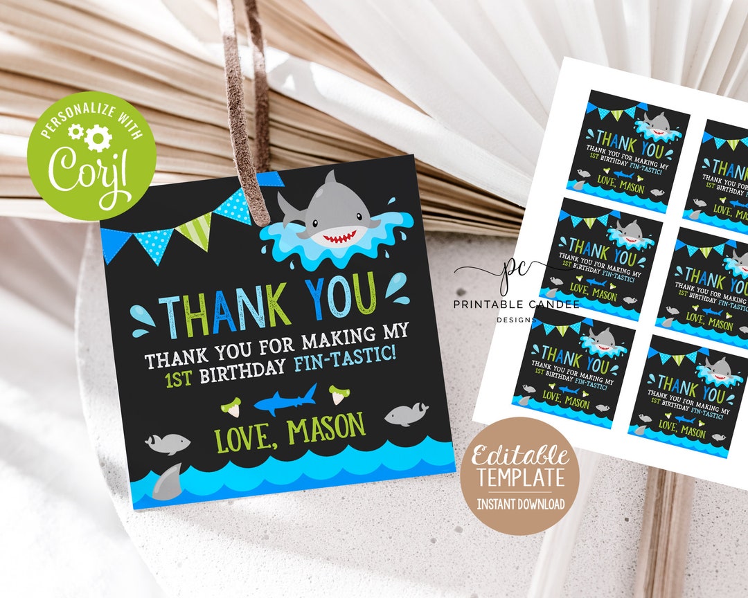 Editable Shark Favor Tags Green Blue Sharks Party Decor Pool Theme Gift ...