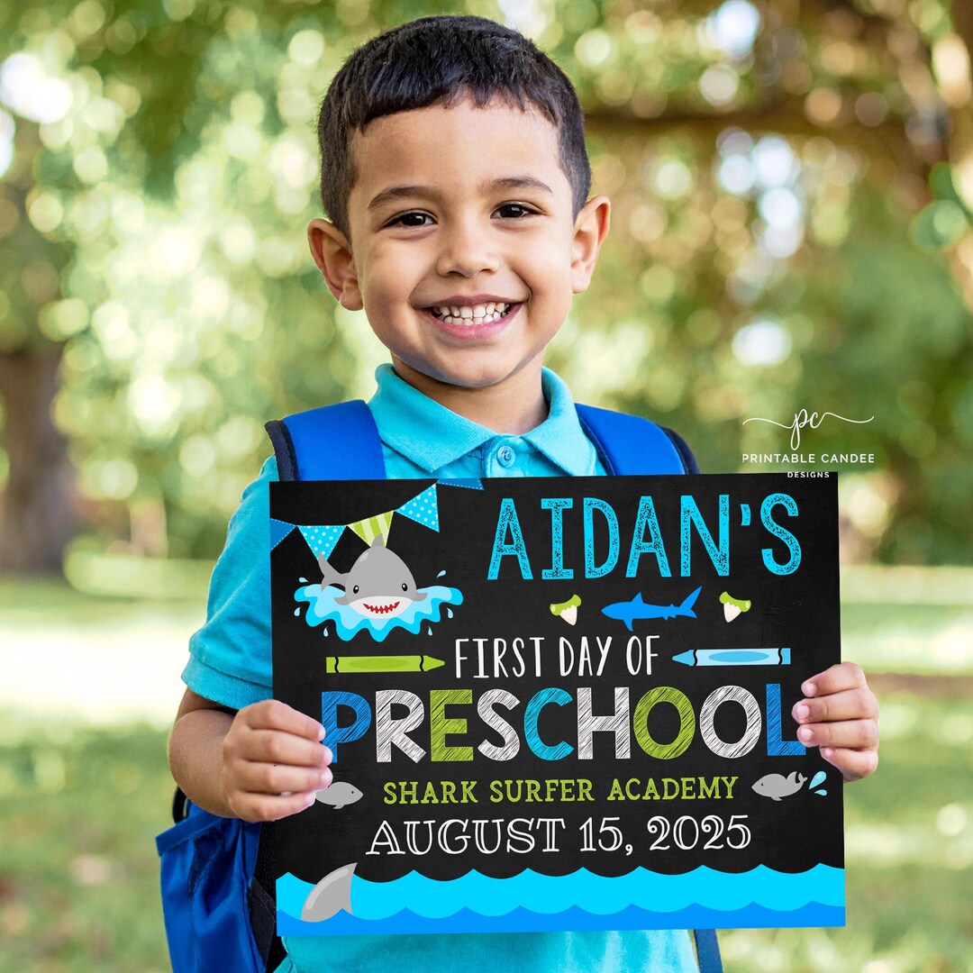 Editable Shark First Day of School Sign Green Blue 1st Day of Preschool ...