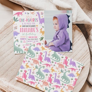 Pastel Dinosaur 1st Birthday Invitation Girl Oneasaurus Rex Party ...
