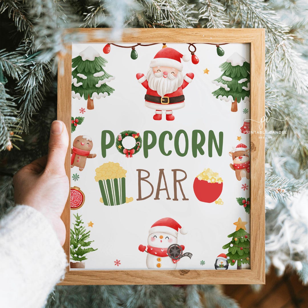 Christmas Movie Night Printable Popcorn Bar Sign Holiday Movie Birthday ...