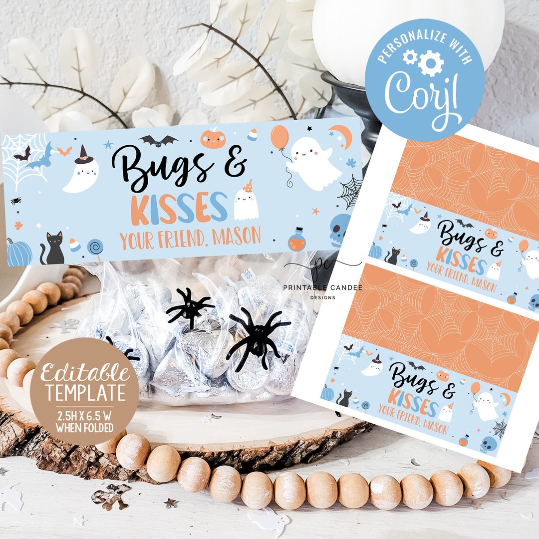 Editable Bugs and Kisses Bag Topper Blue Halloween Treat Bag Boy ...