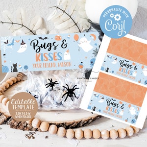 Editable Bugs and Kisses Bag Topper Blue Halloween Treat Bag Boy ...