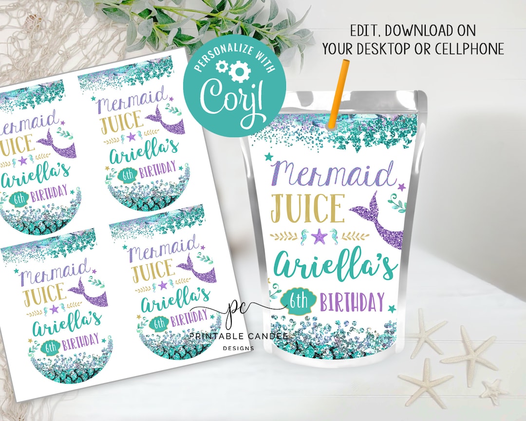 Mermaid Juice Pouch Labels Purple Teal Gold Party Theme Mermaids Tail ...