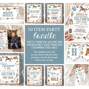 Editable Cowboy Party Bundle 1st Rodeo Party Theme Blue Wild West ...