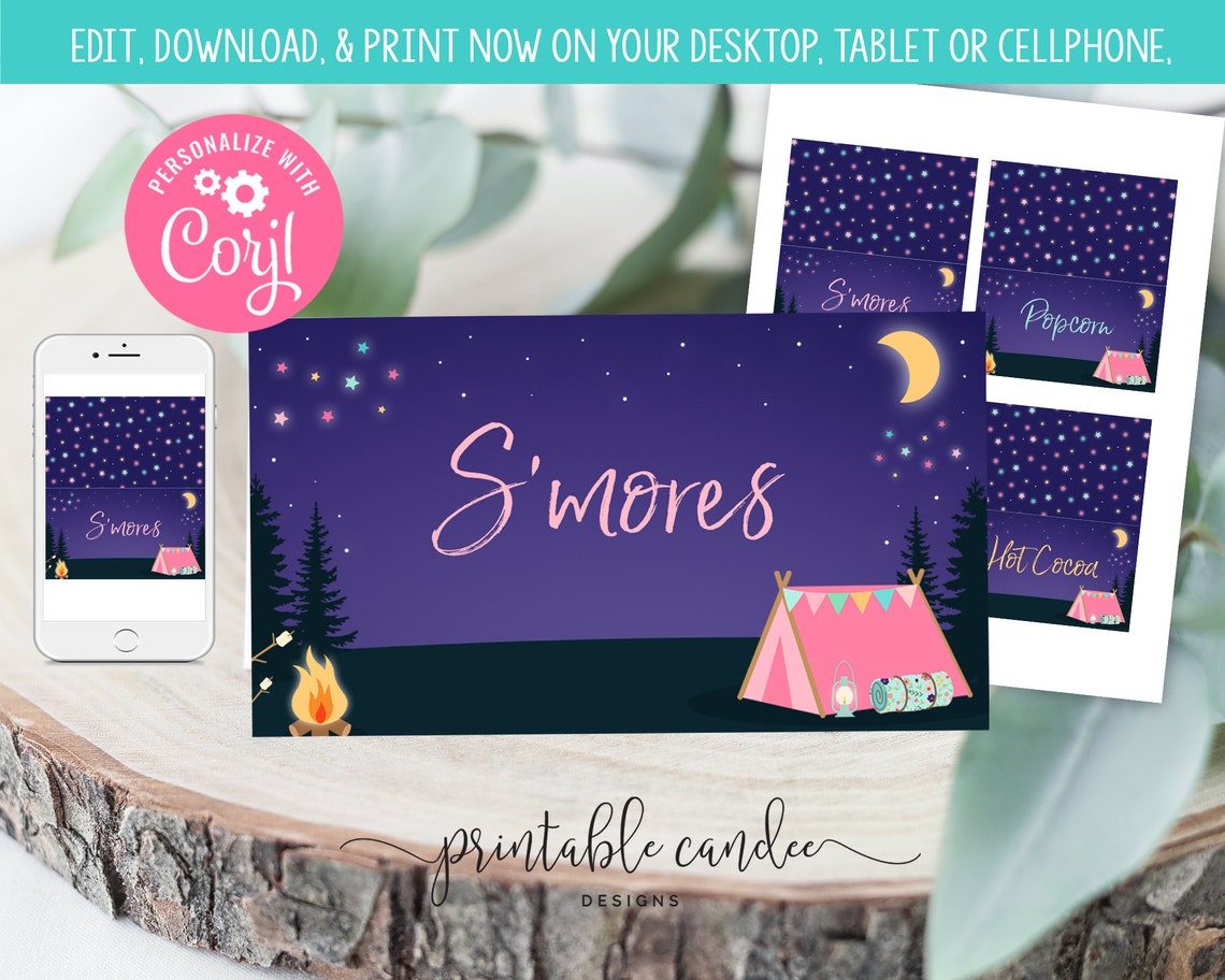 Girl Camping Food Tents Editable Labels Sleepover Party - Etsy