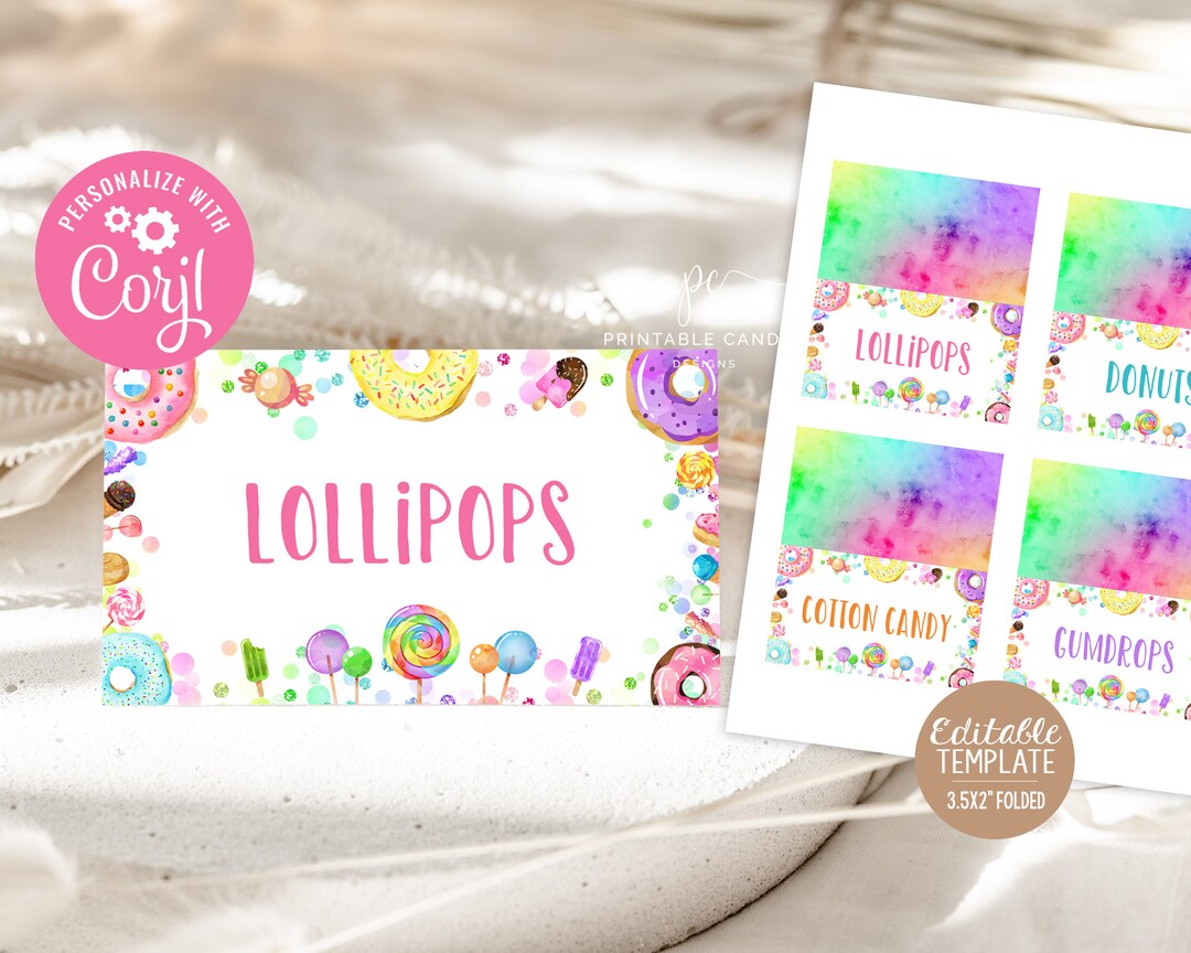 Candy Party Food Labels Template Lollipop Donut Girl Birthday Theme ...