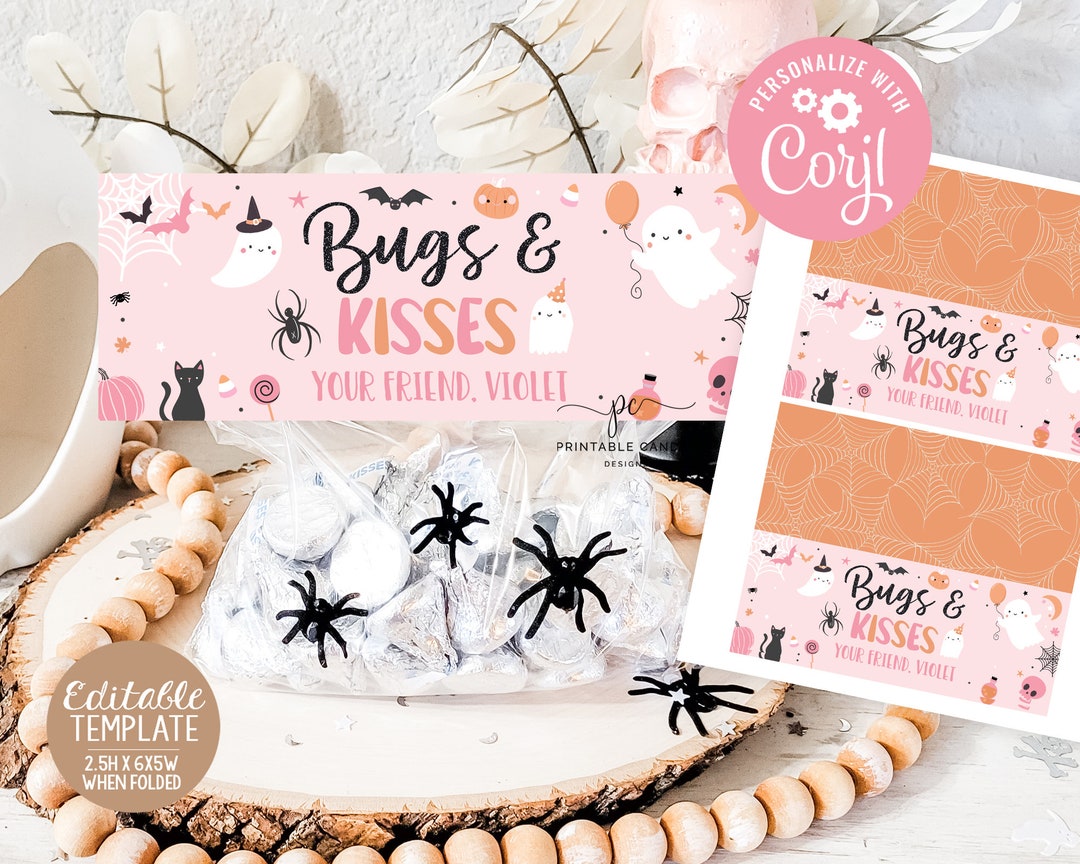 Editable Bugs and Kisses Bag Topper Pink Halloween Treat Bag Girl ...