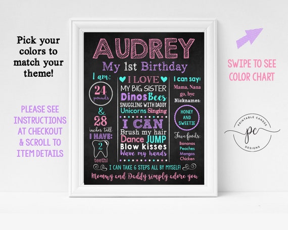 Custom Colors Girl Birthday Stats Sign Pick Your Own Theme | Etsy
