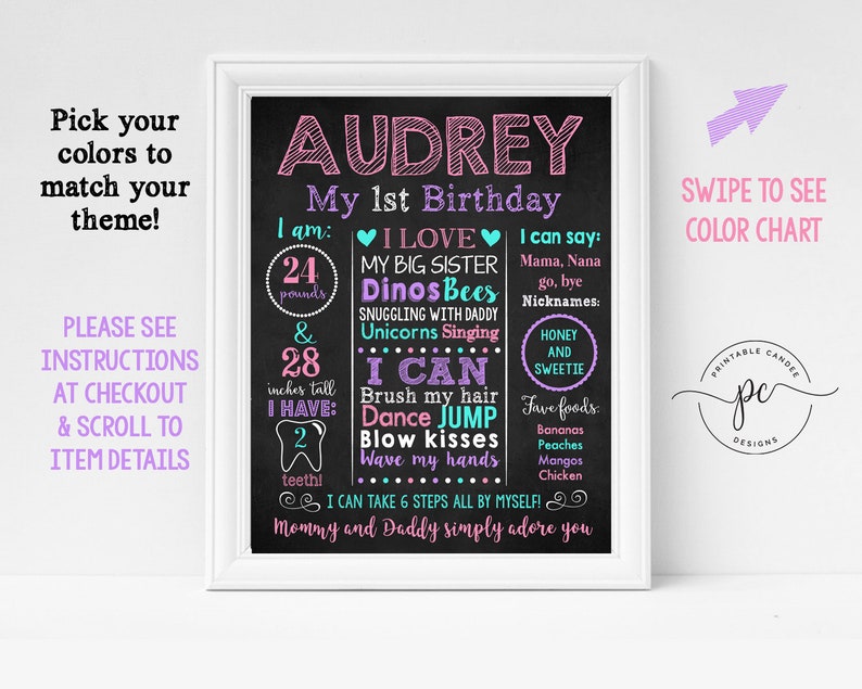 Custom Colors Girl Birthday Stats Sign Pick Your Own Theme - Etsy