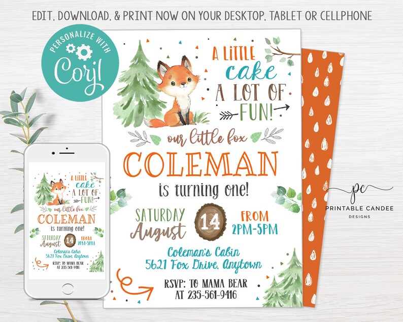 EDITABLE Fox Birthday Invitation Forest Animals Party Invite | Etsy