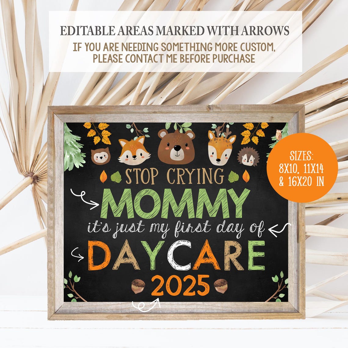 Editable First Day of Daycare Sign Woodland Animals Boy First Day of ...