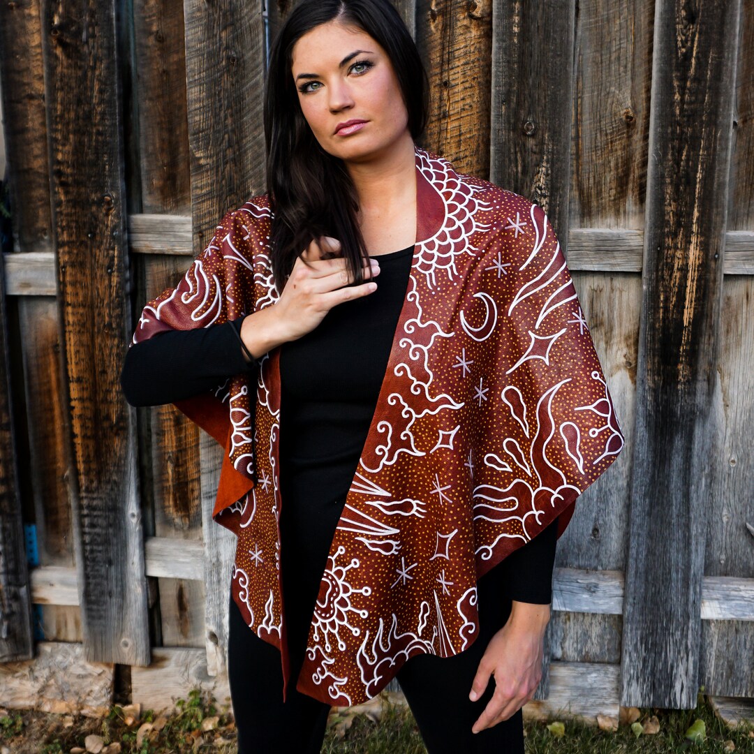 One of a Kind Hand Painted Poncho Red Leather Cape Brown Leather Shawl ...