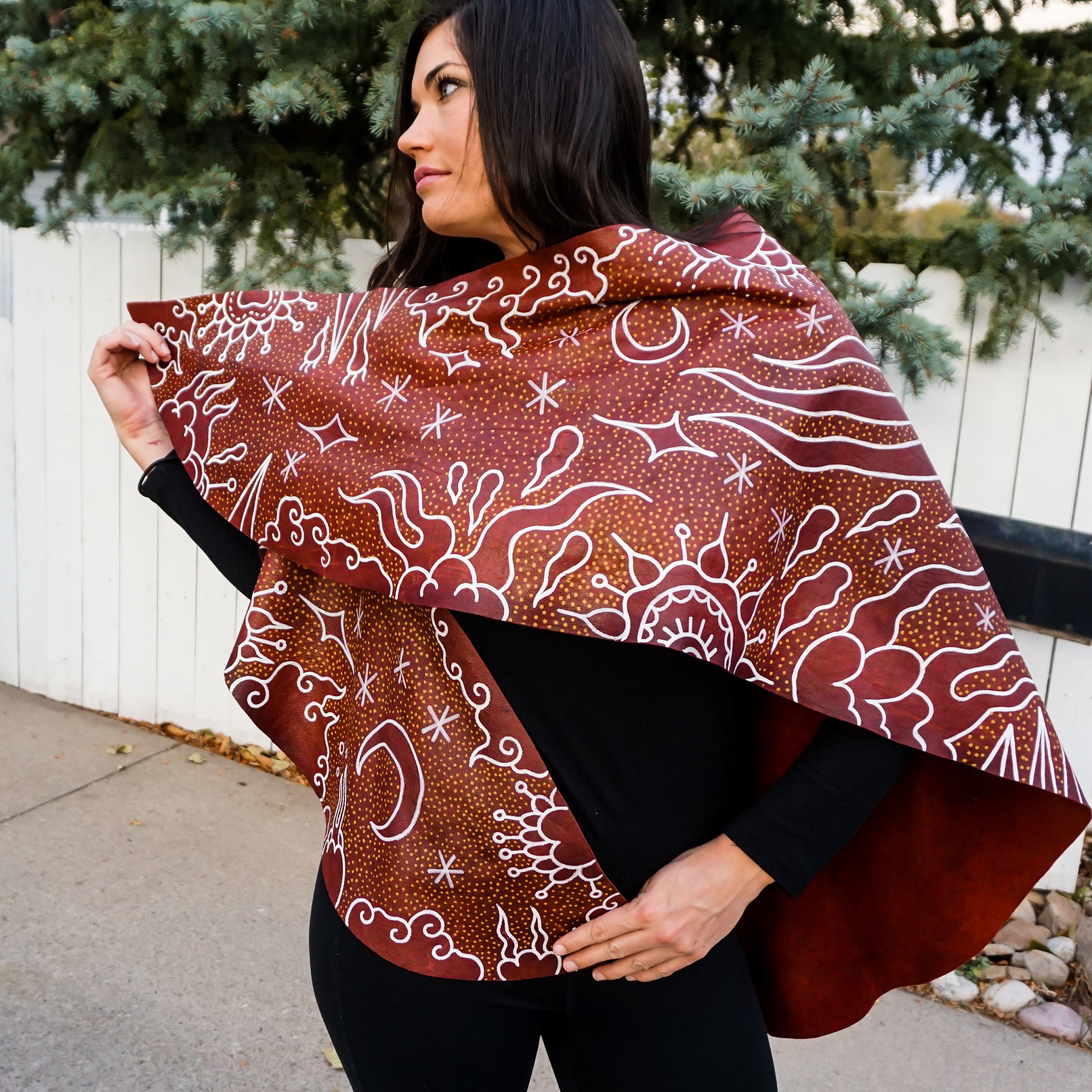 One of a Kind Hand Painted Poncho Red Leather Cape Brown Leather Shawl ...