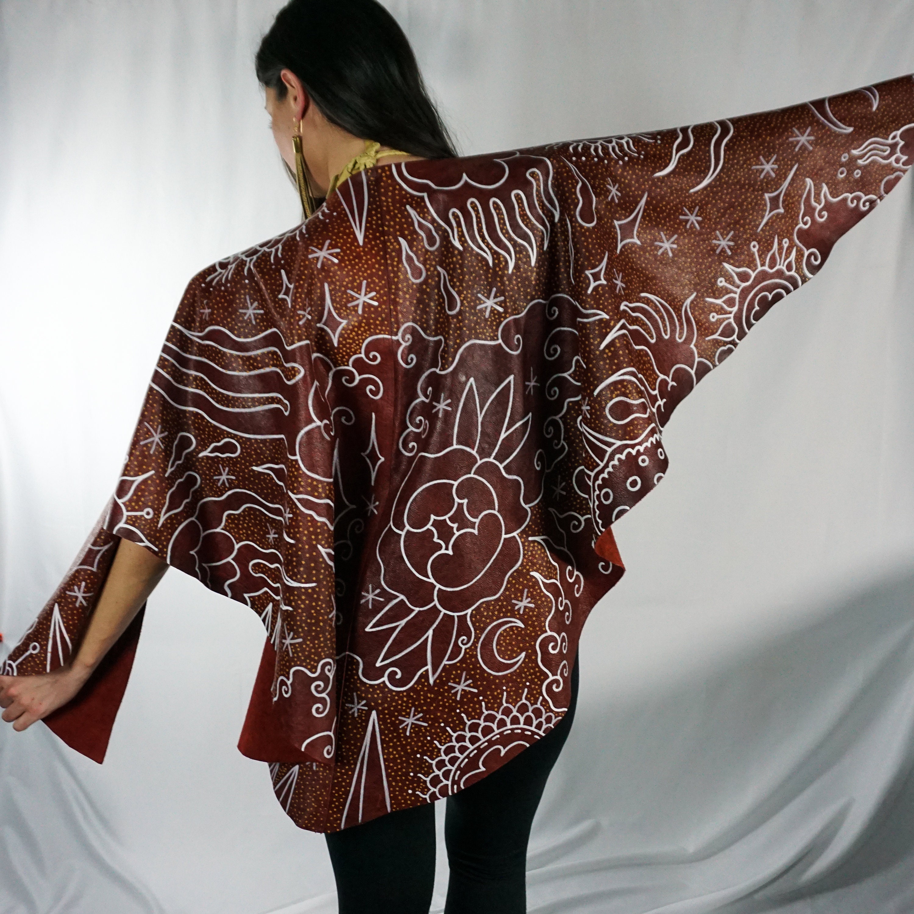 One of a Kind Hand Painted Poncho Red Leather Cape Brown Leather Shawl ...