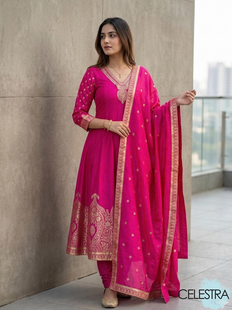 Zari Weaving Anarkali Suit Set | Chanderi Kurta With Banarasi Dupatta ...