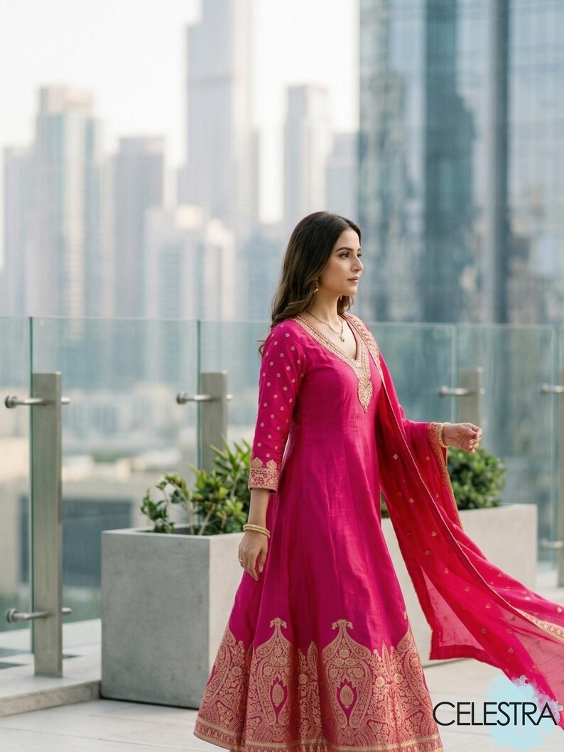 Zari Weaving Anarkali Suit Set | Chanderi Kurta With Banarasi Dupatta ...