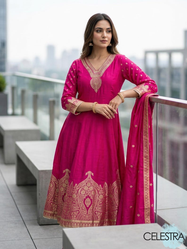 Zari Weaving Anarkali Suit Set | Chanderi Kurta With Banarasi Dupatta ...
