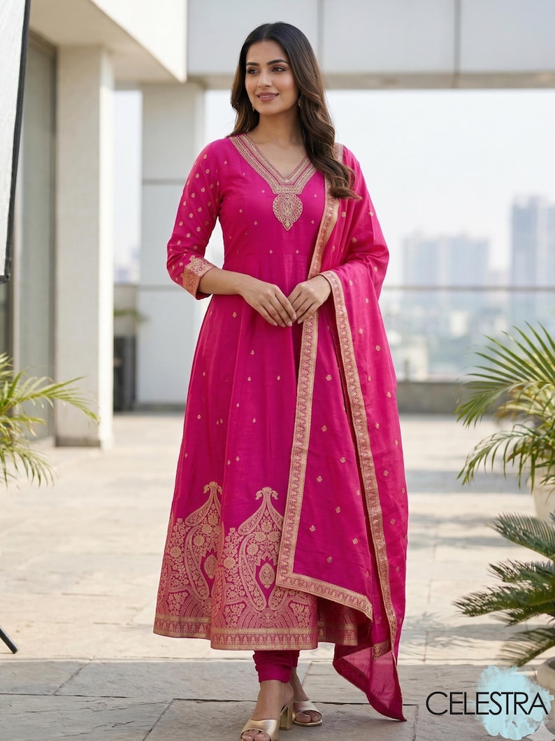 Zari Weaving Anarkali Suit Set | Chanderi Kurta With Banarasi Dupatta ...