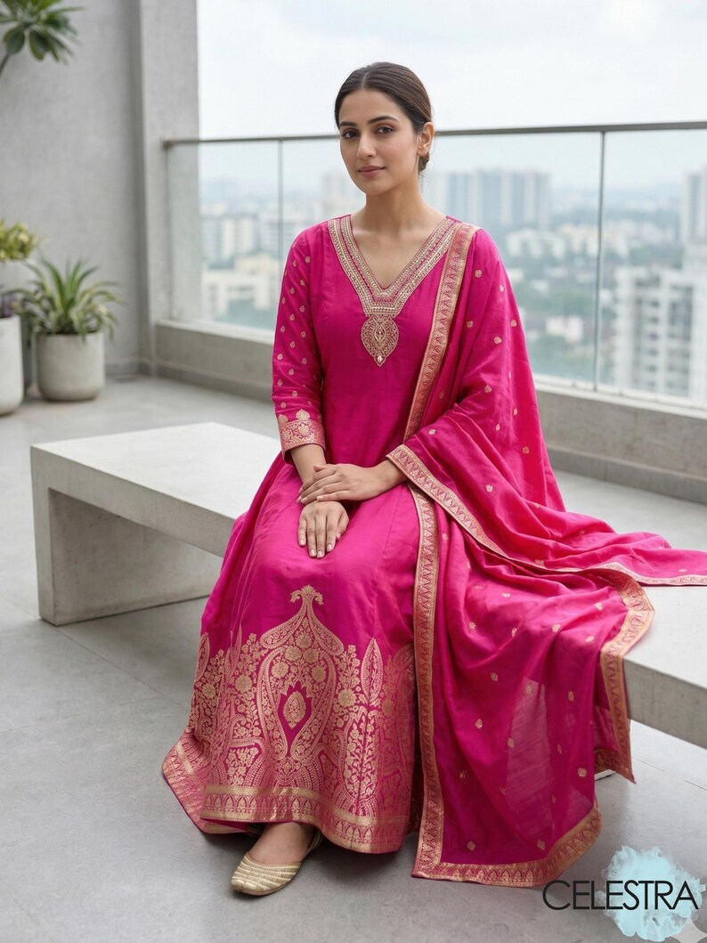 Zari Weaving Anarkali Suit Set | Chanderi Kurta With Banarasi Dupatta ...