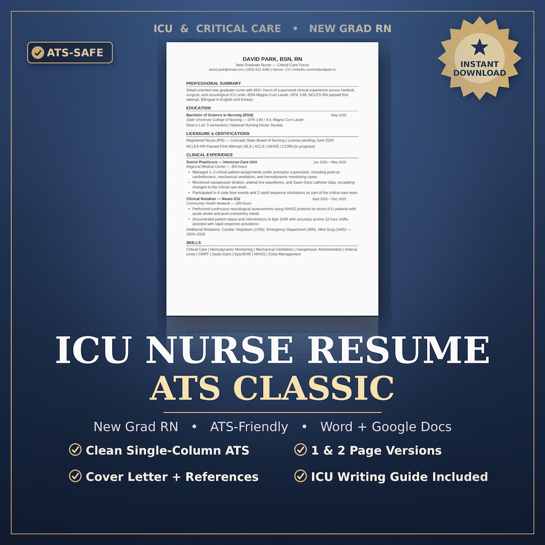 ATS ICU Nurse Resume Template, Simple New Grad RN Cv, Critical Care ...